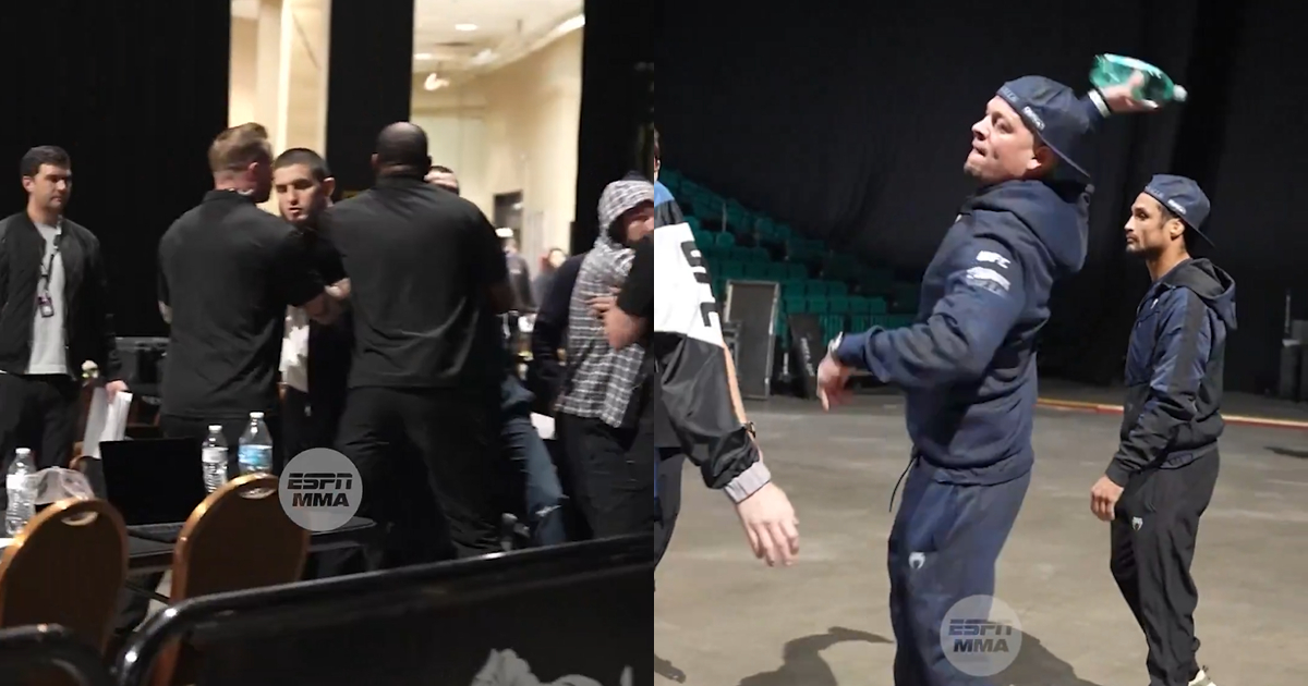 Nate Diaz rzuca butelką wody w Islama Makhacheva za kulisami. "Podejdź ...